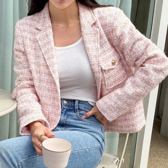Jackets & Coats | Classic Tweed Flap Pocket Lapel Collar Blazer Jacket ...
